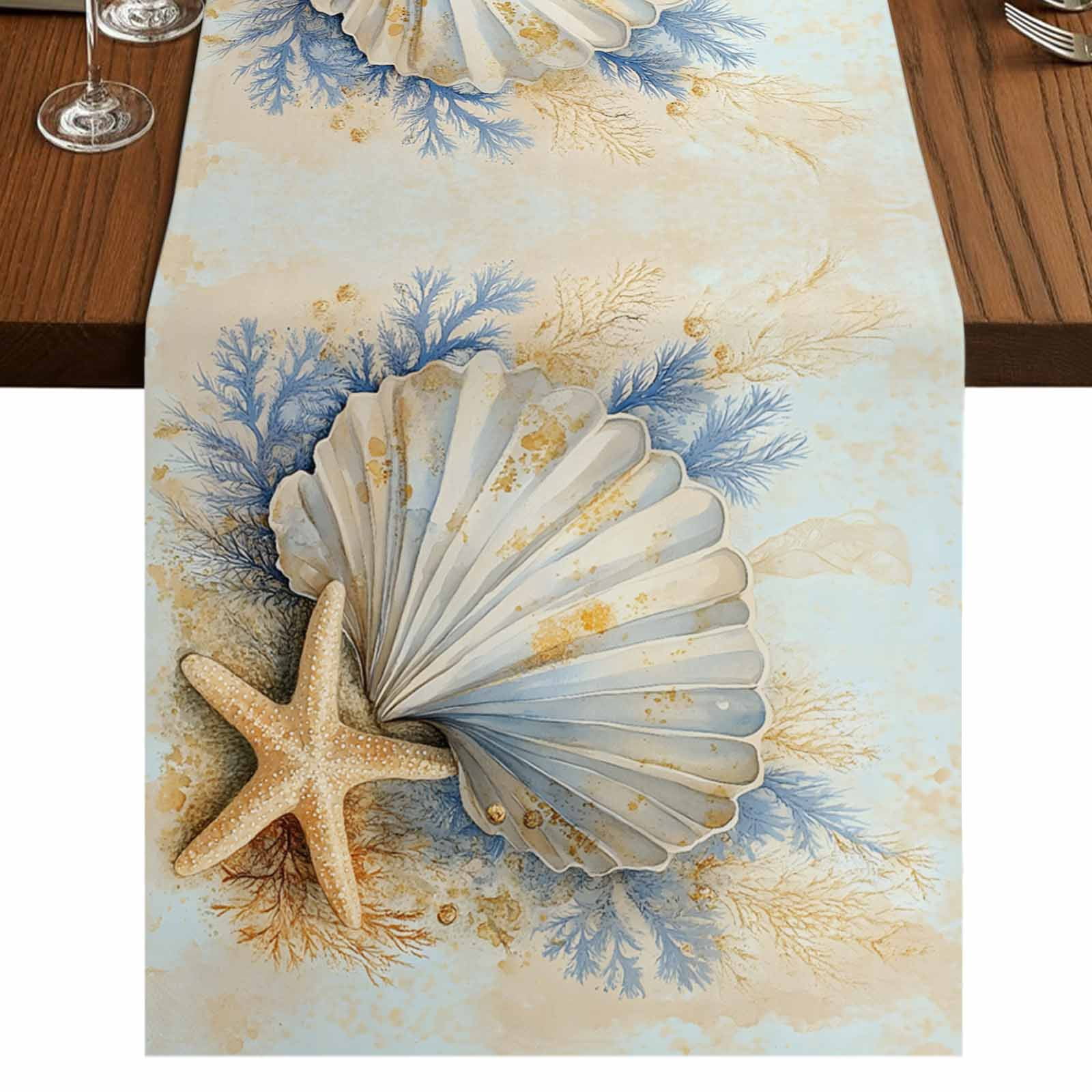 Coastal Shell 72 Inch Table Runner, Starfish Summer Beach Nautical ...