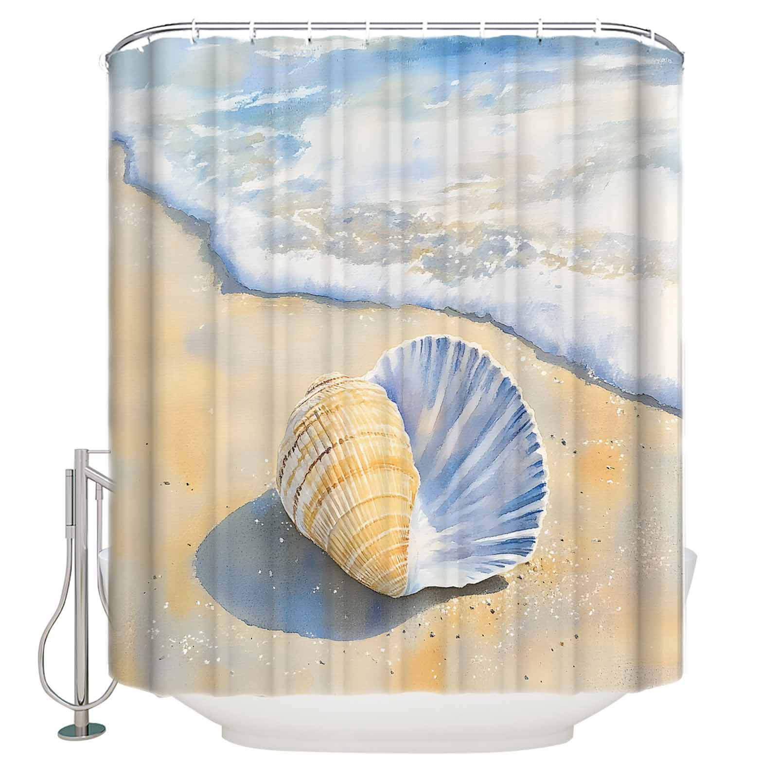 Coastal Shell Bathroom Shower Curtains with 12 Hooks Polyester ...
