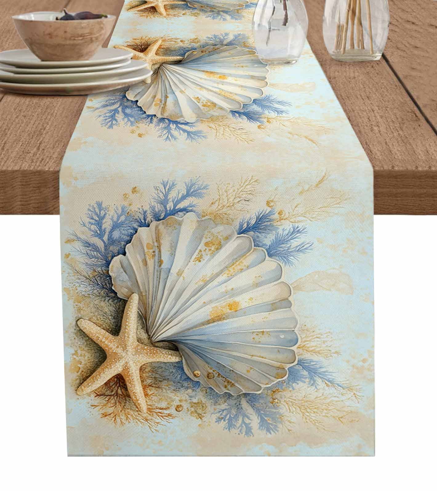 Coastal Shell Burlap Cotton Table Runner 13x48 Inches Long, Starfish ...