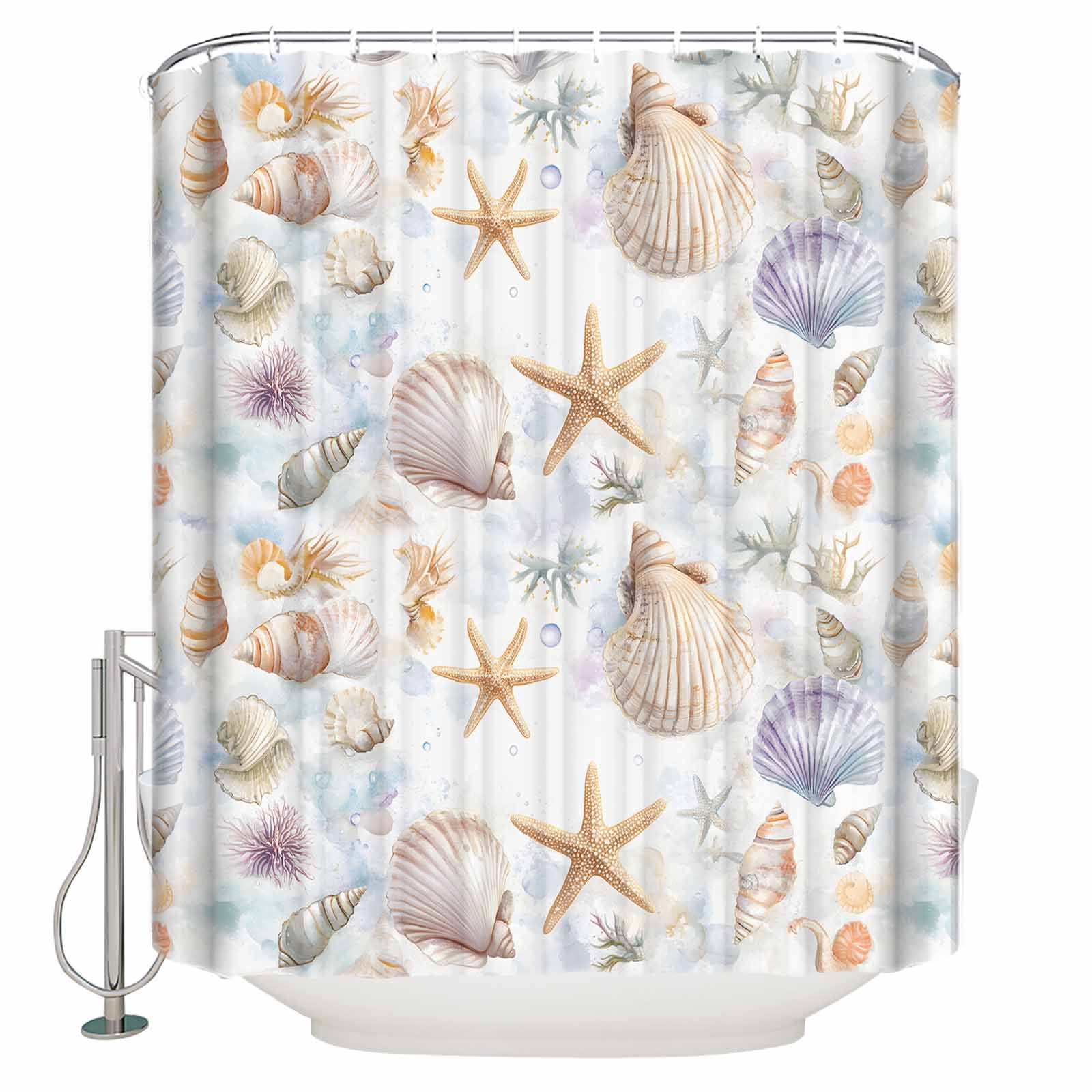Coastal Shell Conch Bathroom Shower Curtains with 12 Hooks Polyester ...