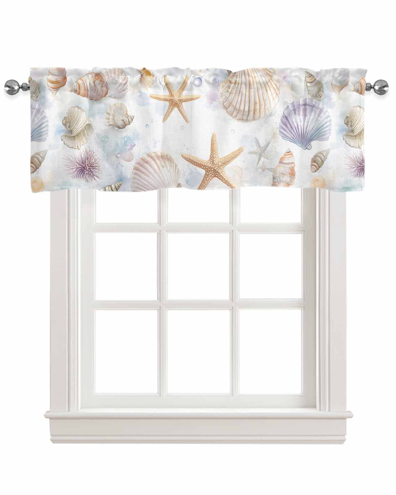 Coastal Shell Conch Kitchen Valances for Windows Farmhouse Linen Window ...