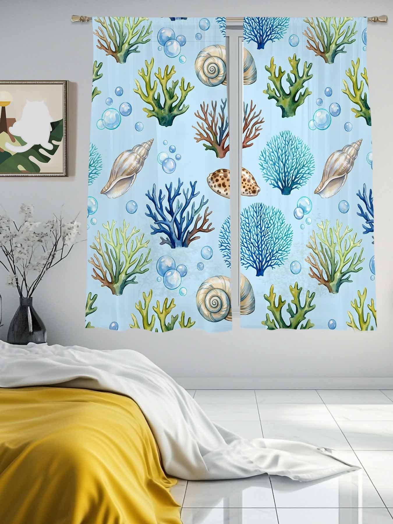 Coastal Shell Coral Bubble Chiffon Sheer Curtains 63 Inches Long ...