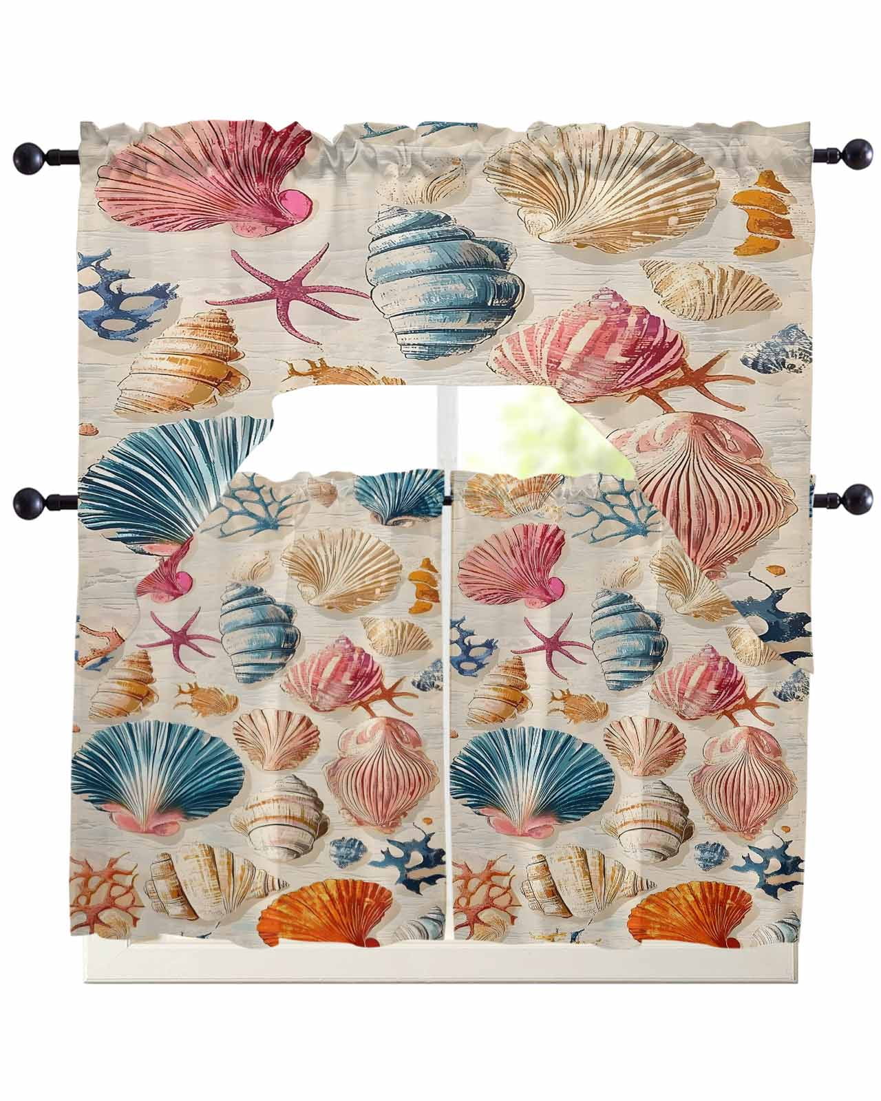Coastal Shell Kitchen Curtains Swag Valance and Tier Curtains Set 24 ...