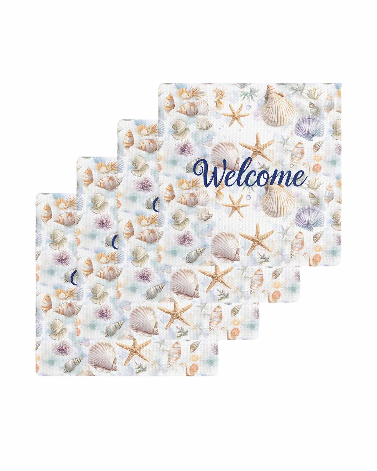 Coastal Shell Kitchen Dish Towels for Drying Dishes Set of 4, Summer Beach Ocean Sea Starfish ...