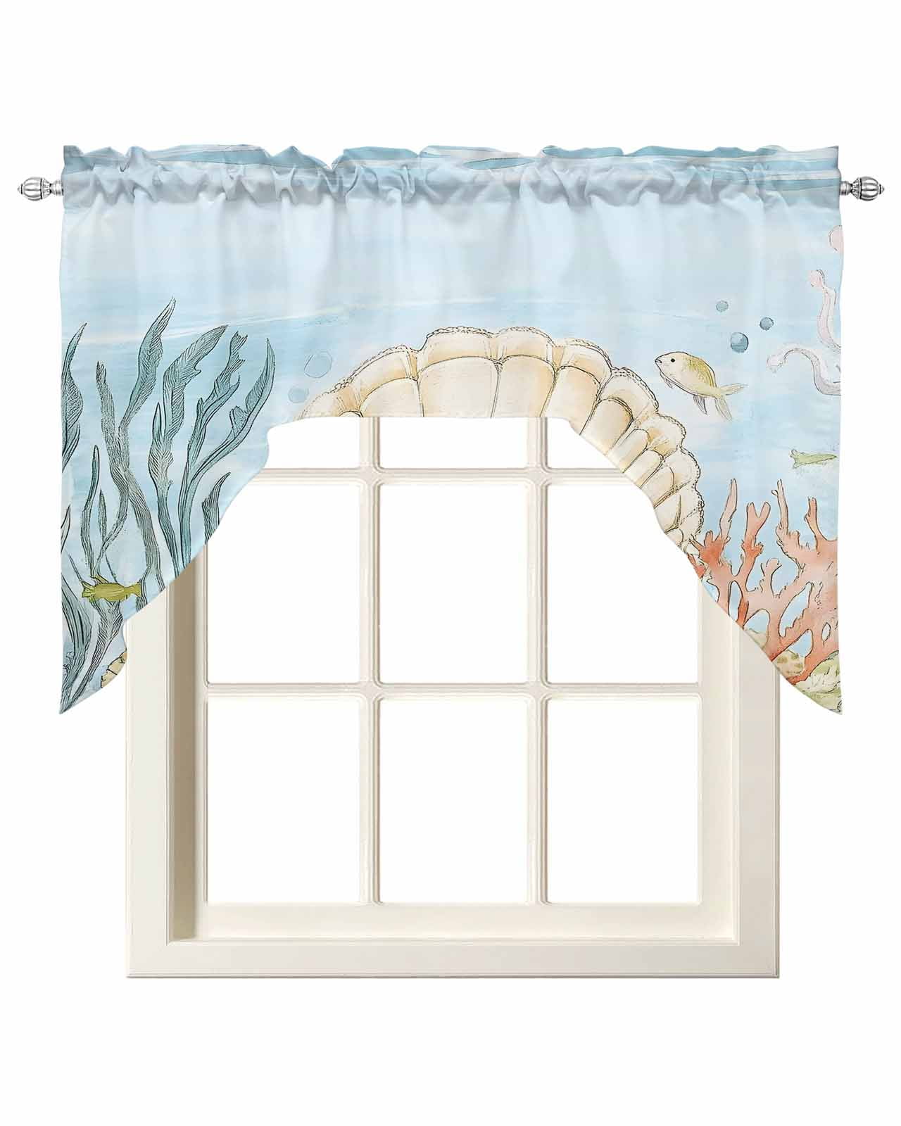 Coastal Shell Kitchen Swag Valances for Windows, Summer Beach Blue ...