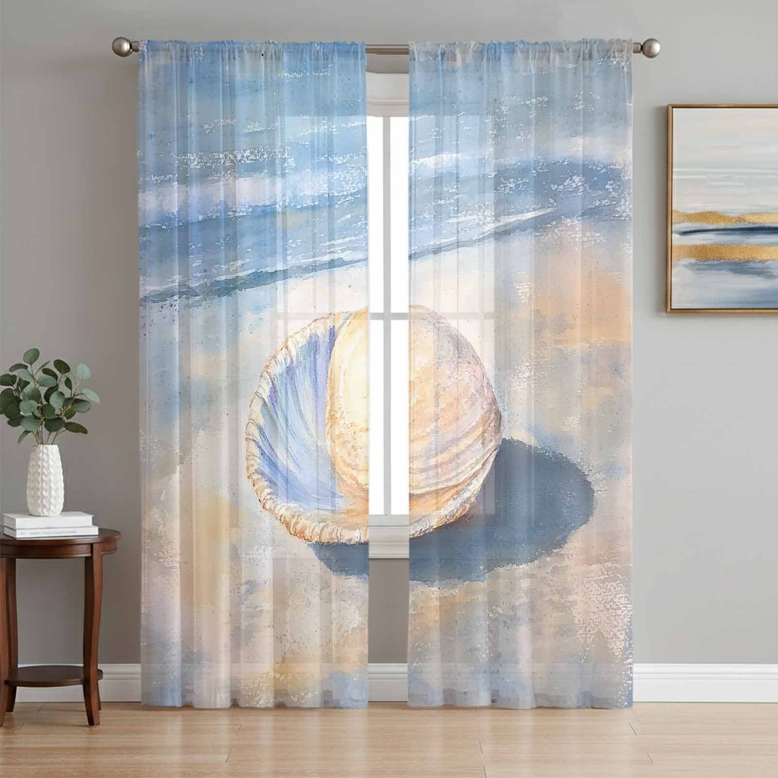 Coastal Shell Sheer Curtains 96 Inch Length 2 Panels Set, Blue Summer ...