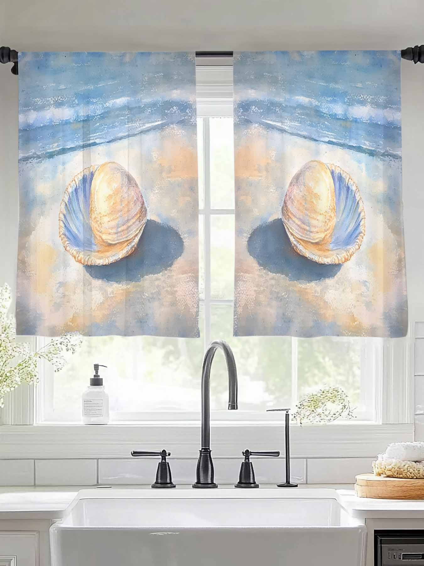 Coastal Shell Sheer Curtains for Living Room Bedroom Blue Summer Beach ...