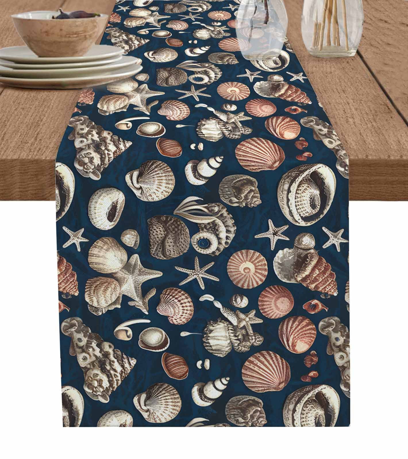 Coastal Shell Starfish Table Runner Cotton Linen 120 Inch Holiday Dresser Scarves,Vintage Ocean ...