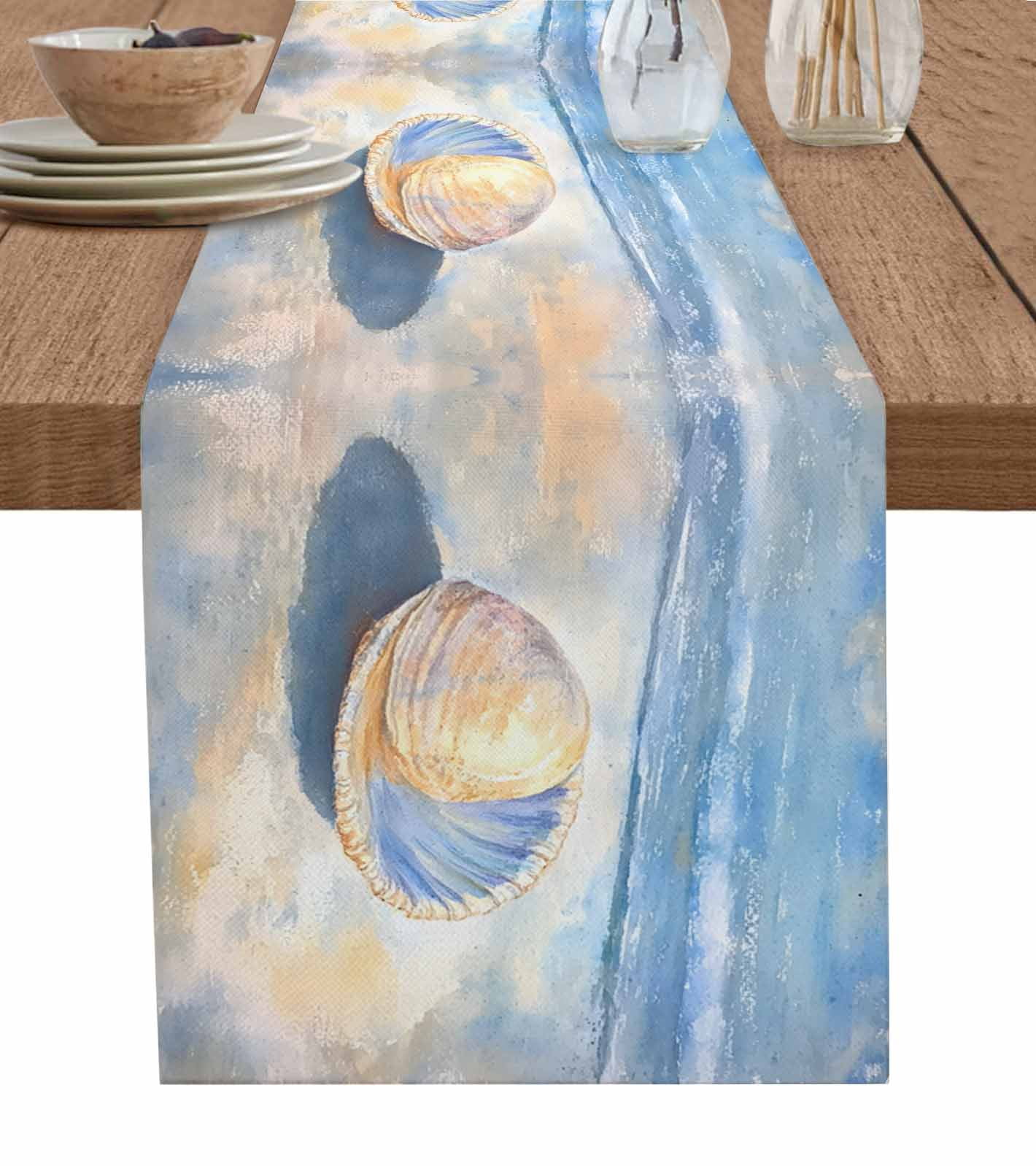 Coastal Shell Table Runner 72 Inches, Blue Summer Beach Nautical Ocean ...