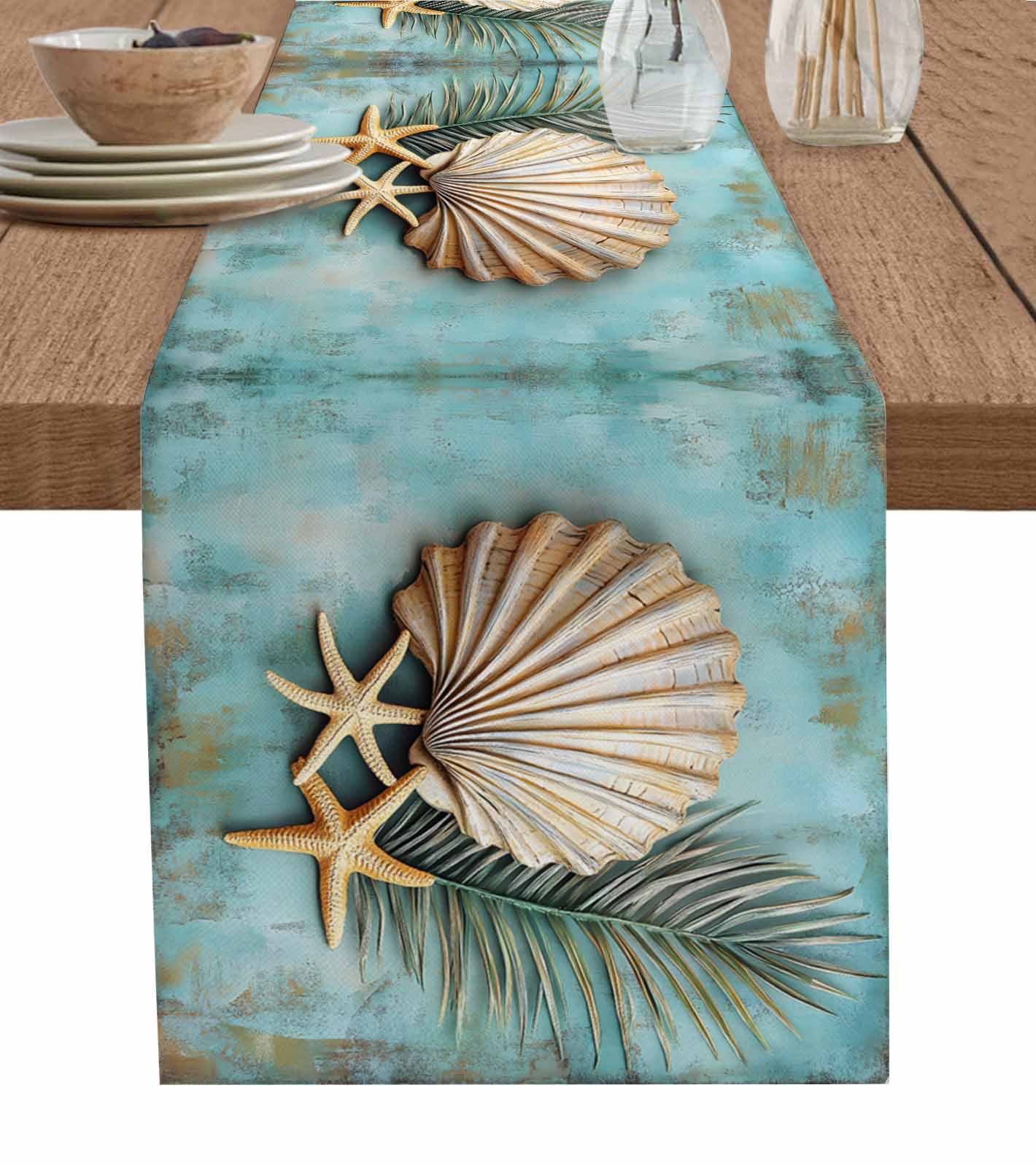 Coastal Shell Table Runner 72 Inches, Vintage Botanical Beach Nautical ...