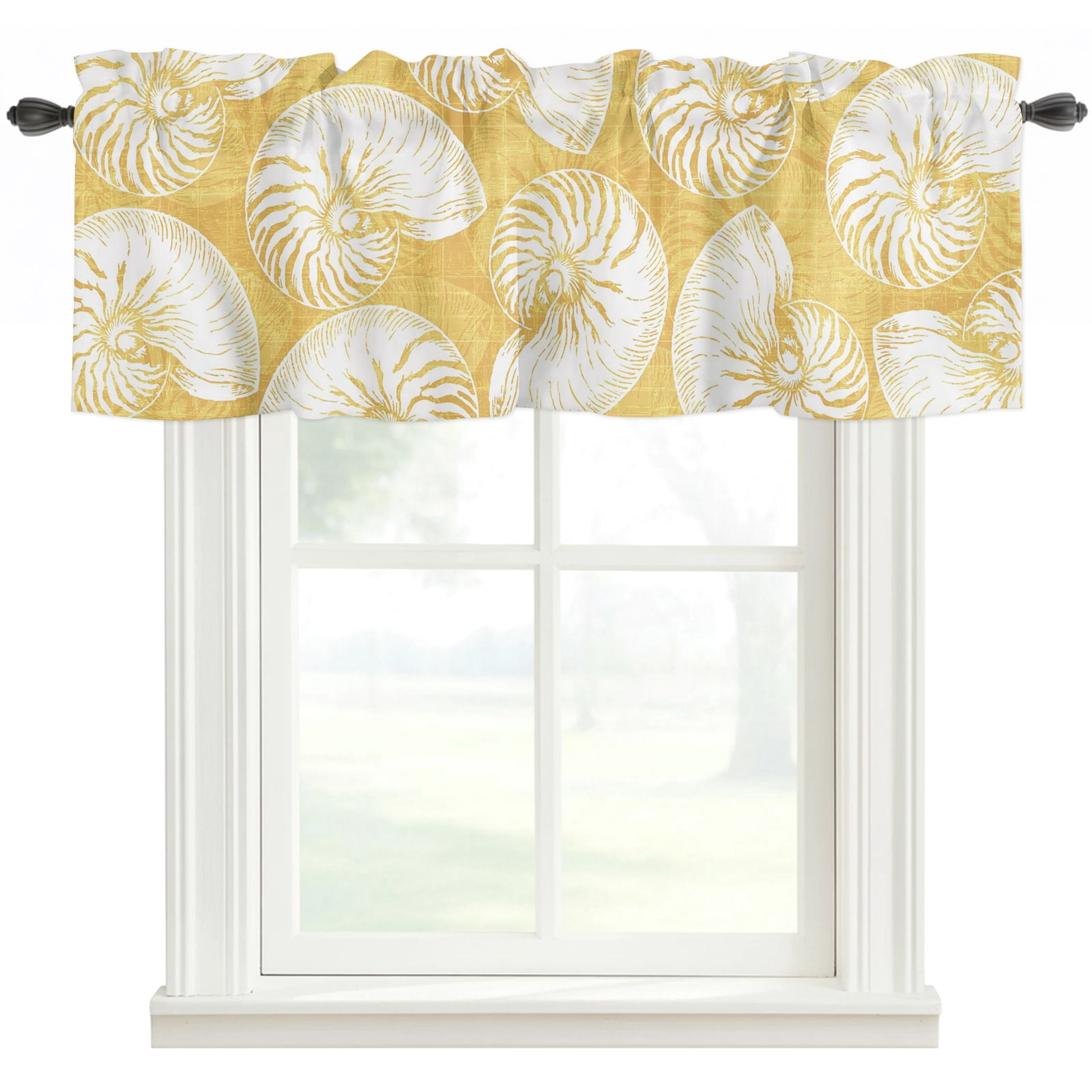 Coastal Shell Yellow Rod Pocket Curtain Valance, Summer Ocean Shell ...