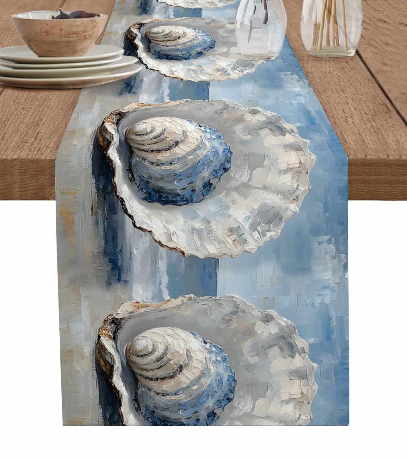 Coastal Shells Burlap Cotton Table Runner 13x120 Inches Long, Modern ...