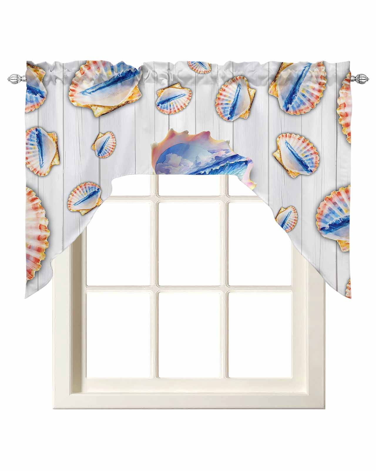 Coastal Shells Kitchen Swag Valances for Windows, Summer Ocean Waves ...