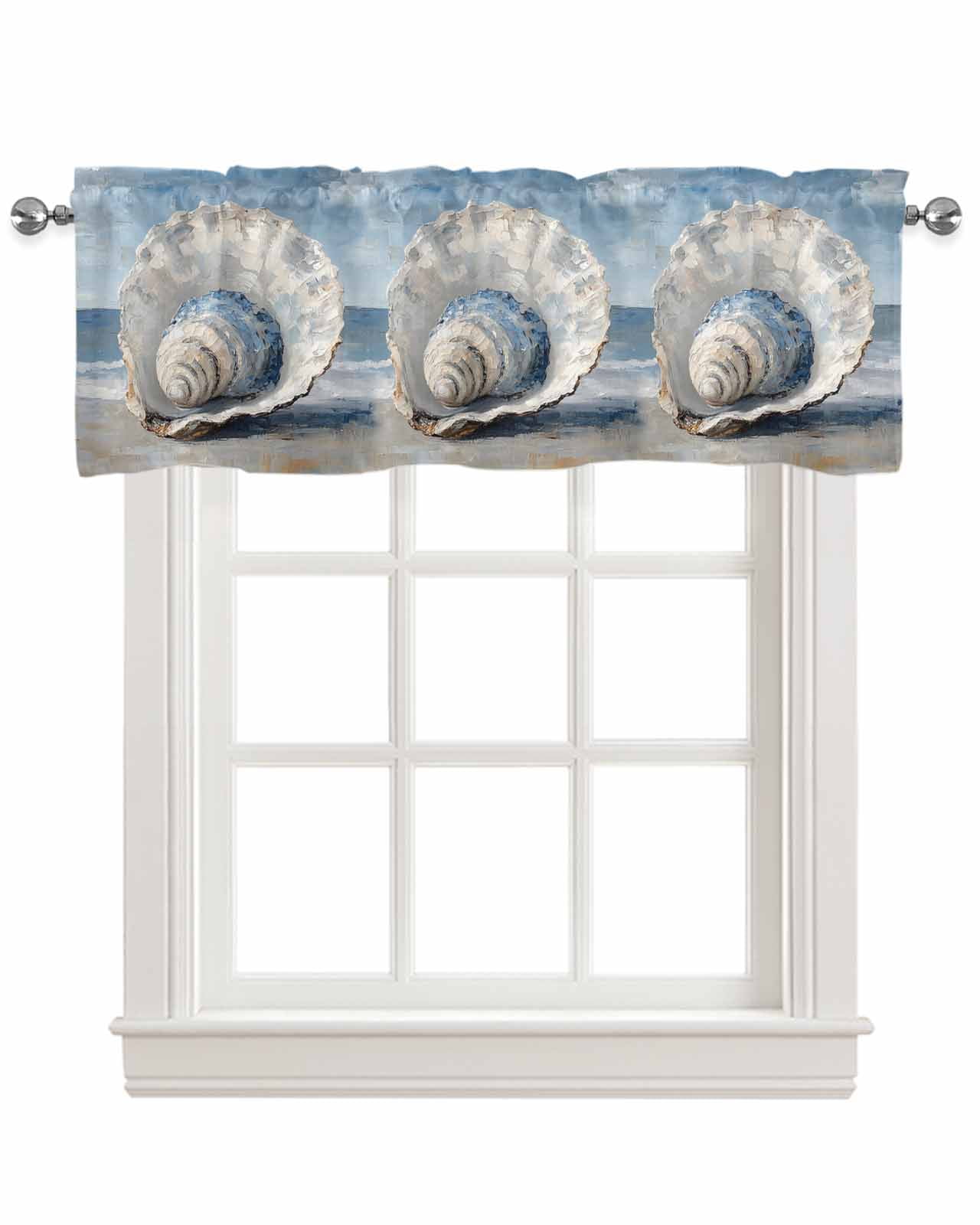 Coastal Shells Kitchen Valances for Windows Farmhouse Linen Window ...