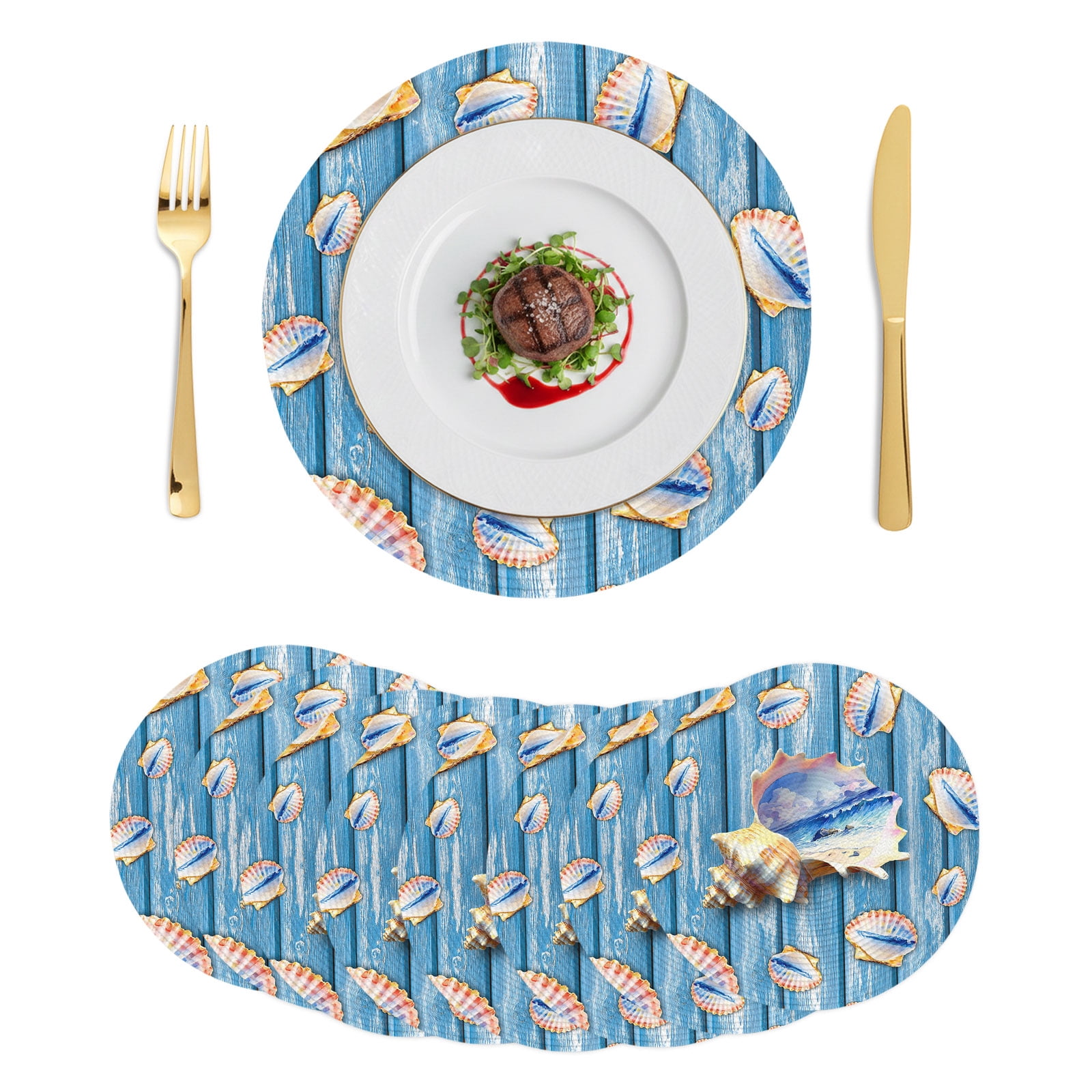 Coastal Shells Round Placemats Set of 8 Summer Ocean Waves Conch Blue ...