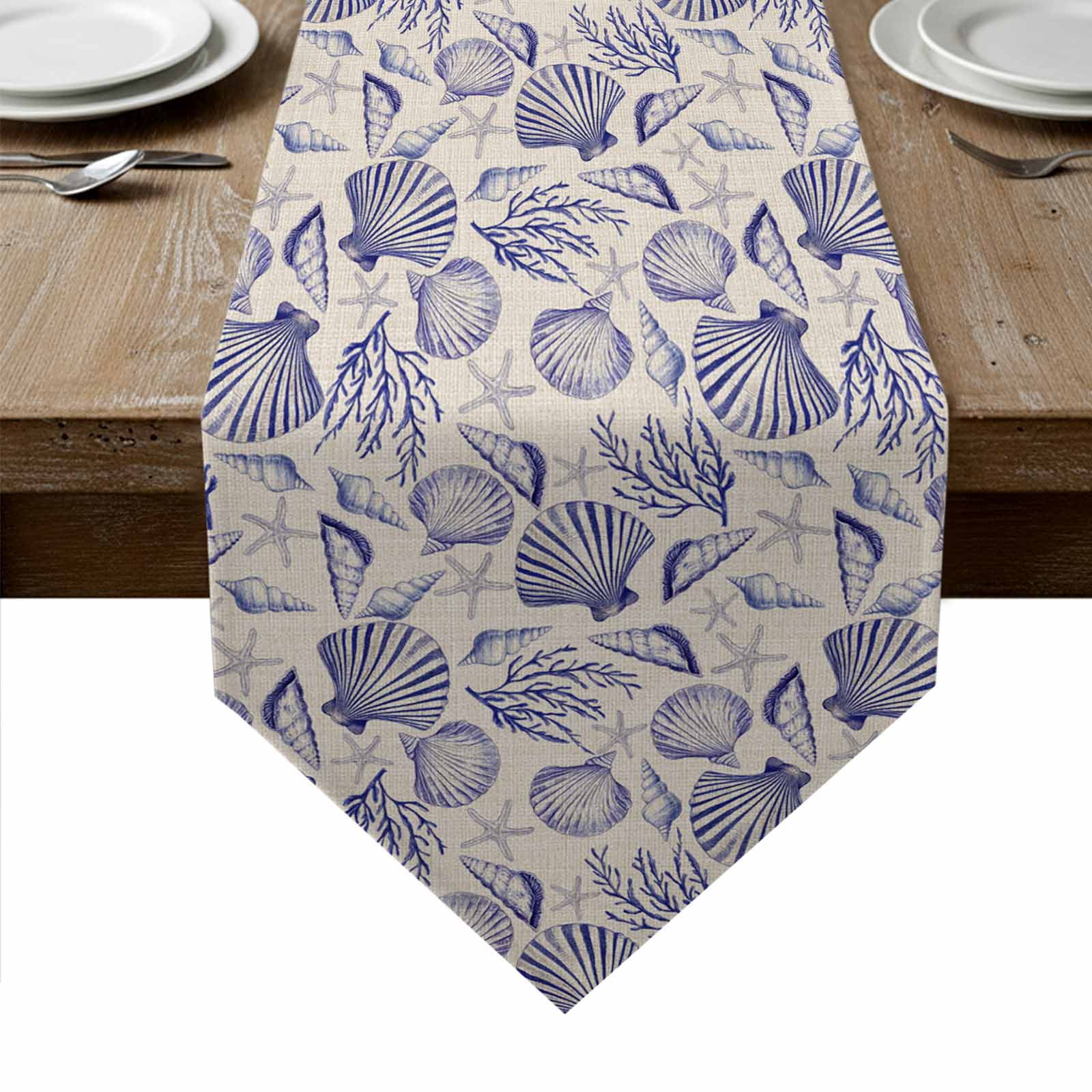 Coastal Shells Table Runner Linen Burlap Table Runner 72 Inches Long ...