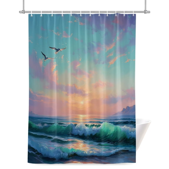 Coastal Shower Curtains for Bathroom, Summer Bird Seagulls Waves Sunset ...
