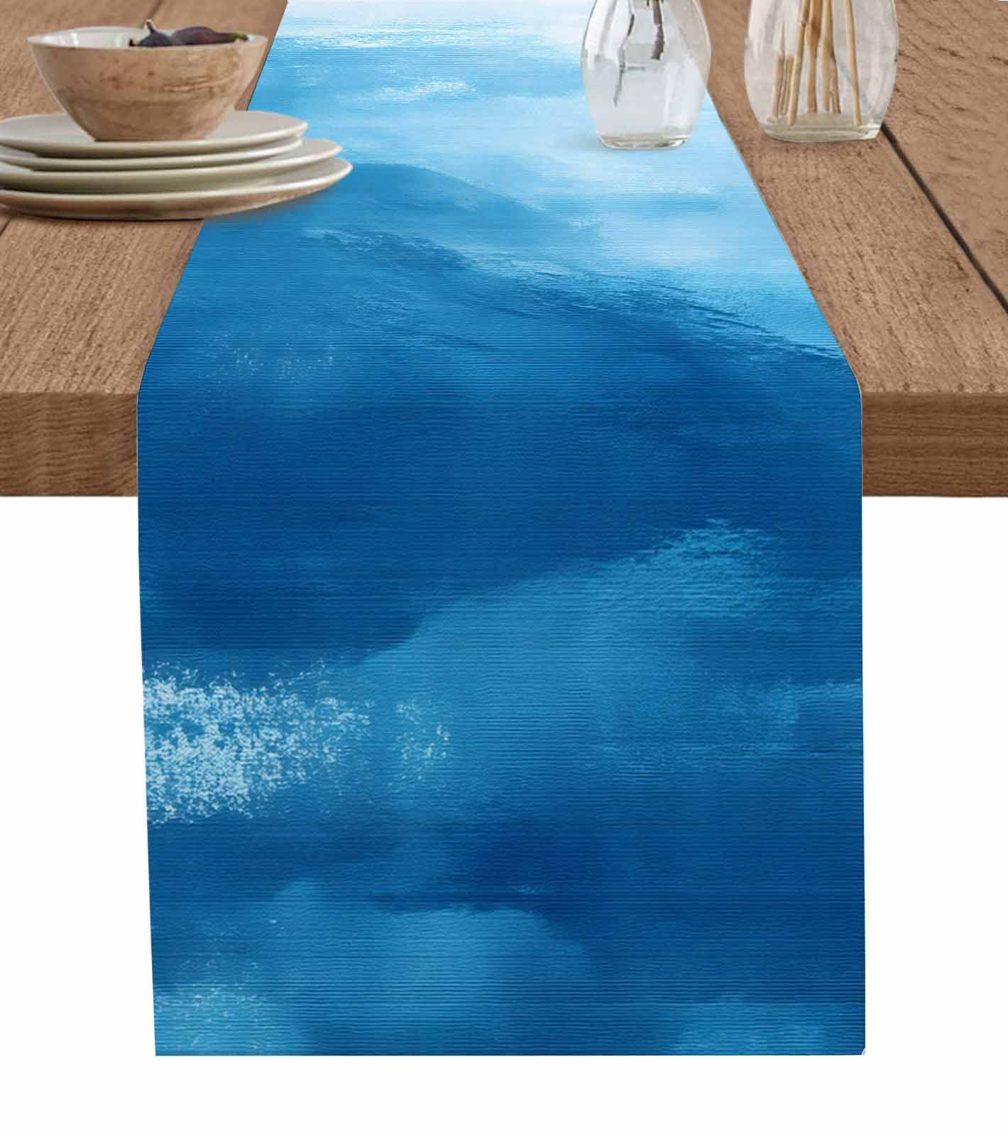 Coastal Sky Blue Table Runner 120 Inches, Summer Nautical Ocean Wave ...