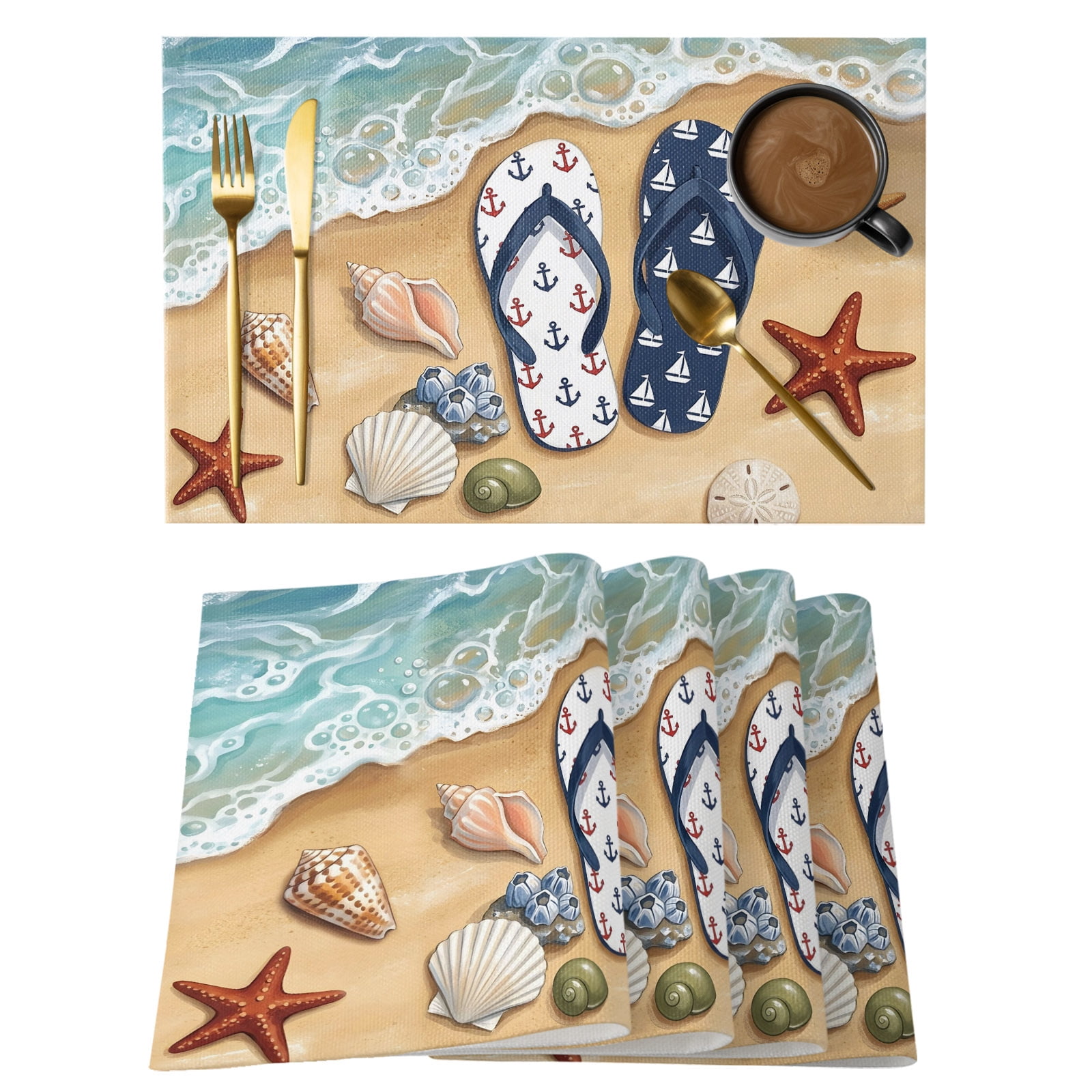 Coastal Slippers Placemats Set of 2, Beach Starfish Shell Conch ...