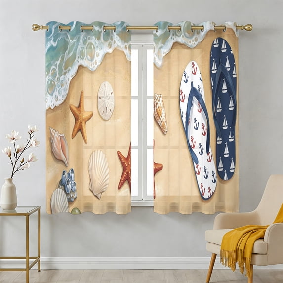 Coastal Slippers Sheer Curtains 45 Inch Long 2 Panels, Beach Starfish ...