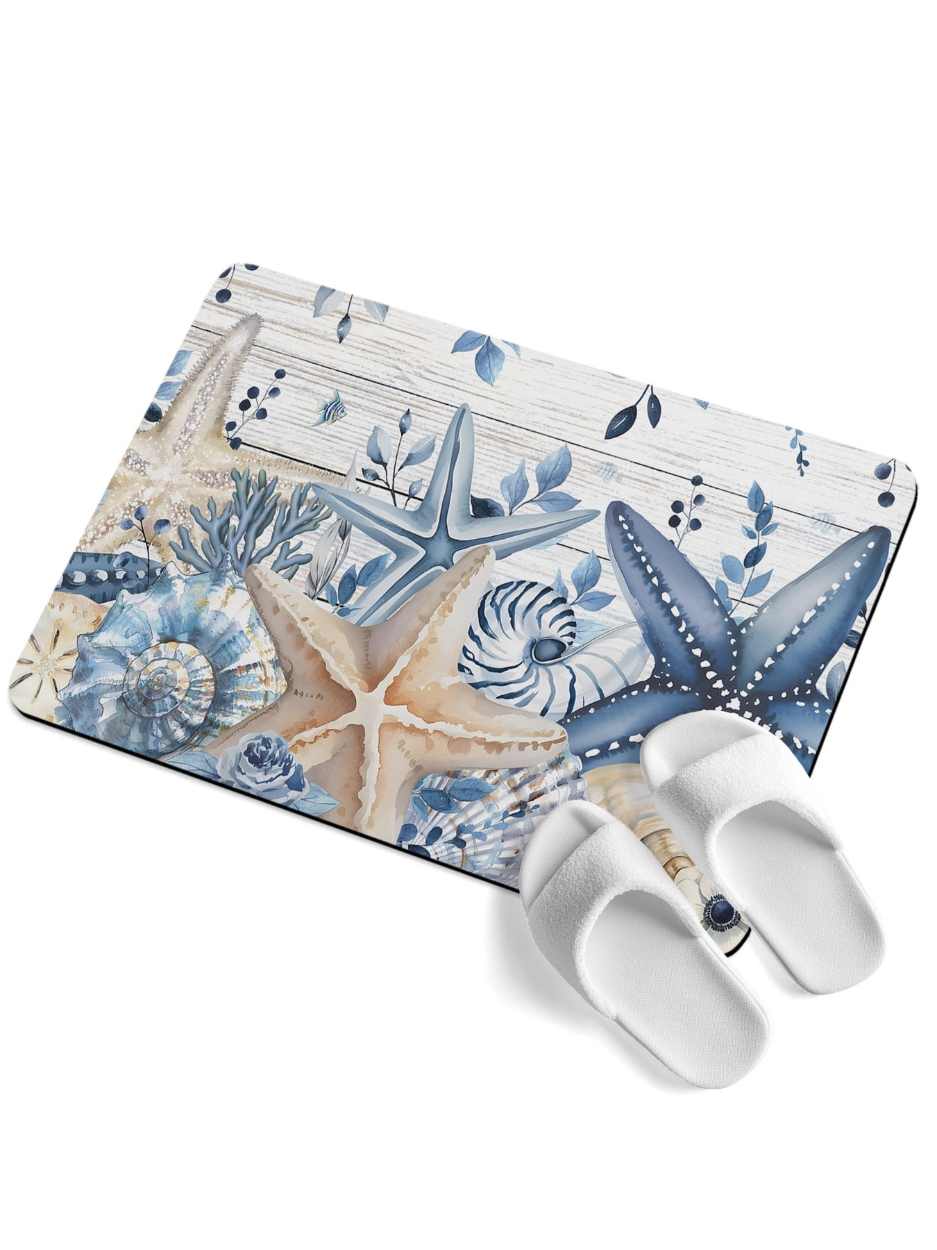 Coastal Soft Diatomaceous Earth Mat, Ocean Blue Beige Starfish Shells ...