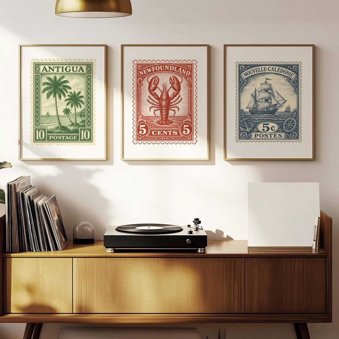 Coastal Stamp Wall Art Lobster Palm Ship Fisherman Set 3 Stretched ...