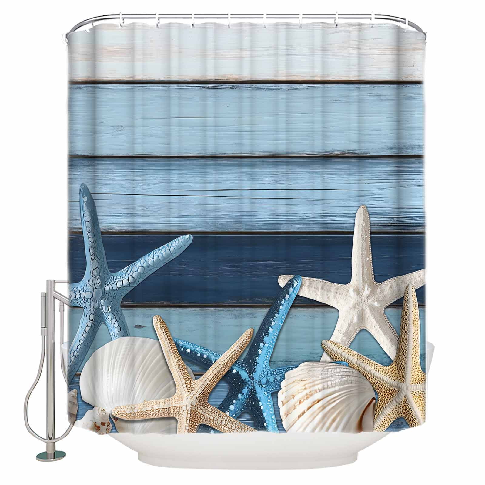 Coastal Starfish Bathroom Shower Curtains with 12 Hooks Polyester ...