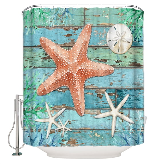 Coastal Starfish Bathroom Shower Curtains with 12 Hooks Waterproof ...