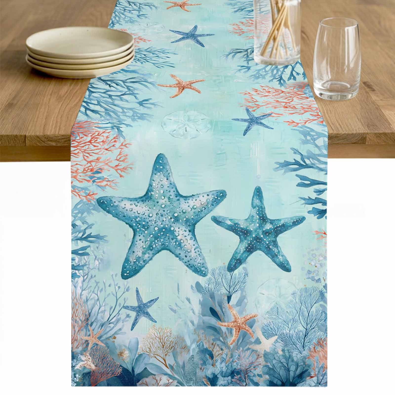 Coastal Starfish Blue Cotton Linen Rectangle Table Runners 13"x36 ...