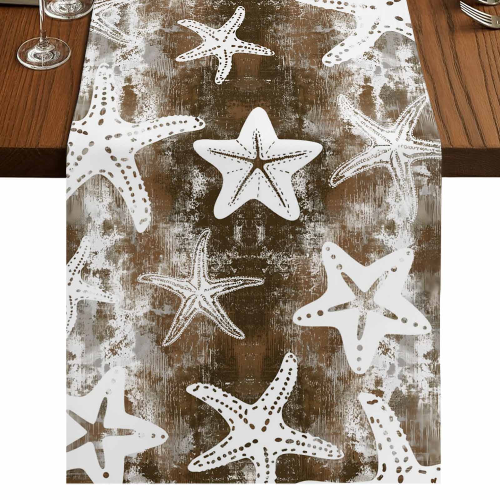 Coastal Starfish Burlap Cotton Table Runner 13x72 Inches Long, Vintage ...