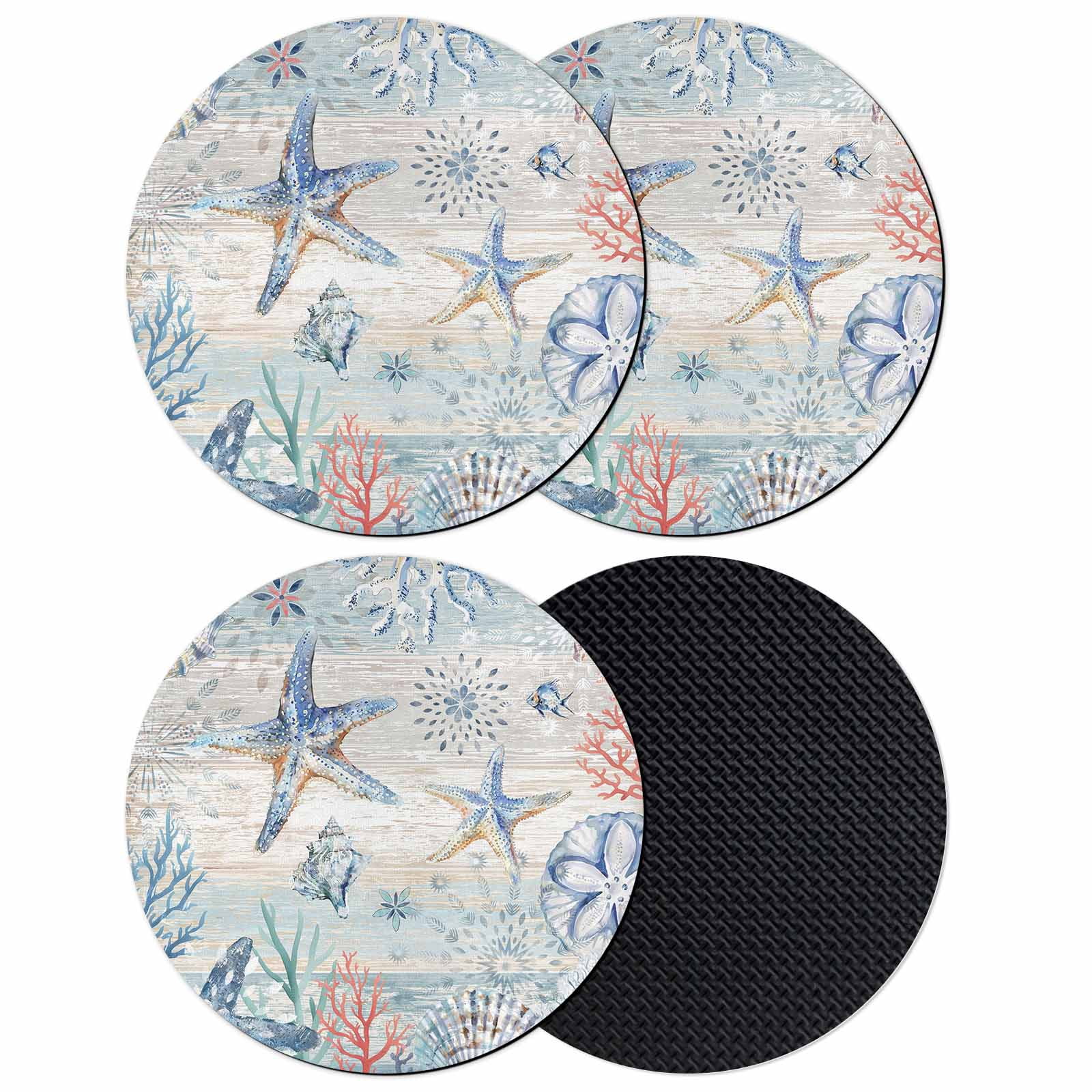Coastal Starfish Coasters Set of 4, Blue Nautical Coral Seashell Wooden ...