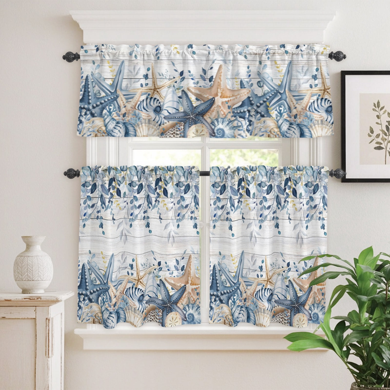 Coastal Starfish Conch Retro Plank Curtain Tier and Valance Set 3 Piece ...