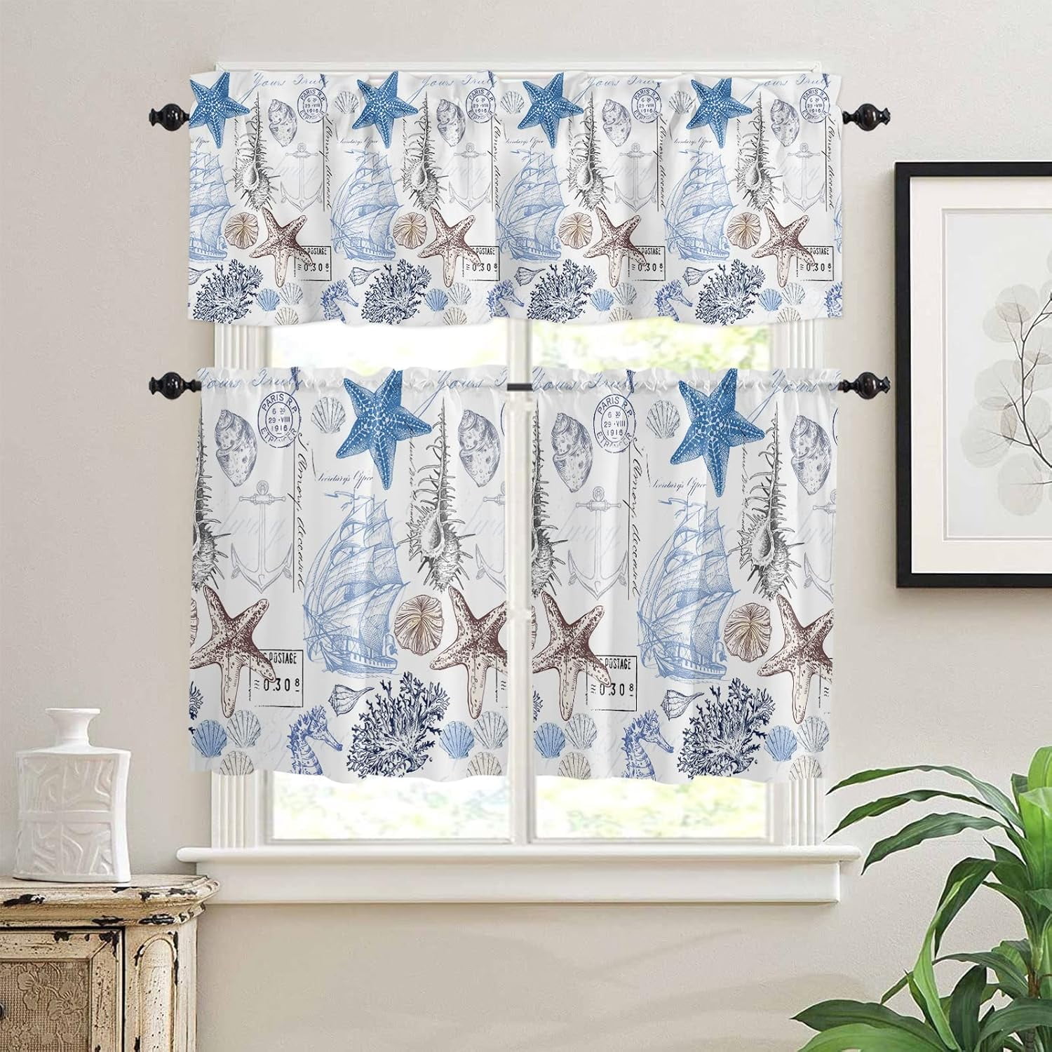 Coastal Starfish Curtain Valance and Tiers Set,Ocean Beach 3 Piece ...