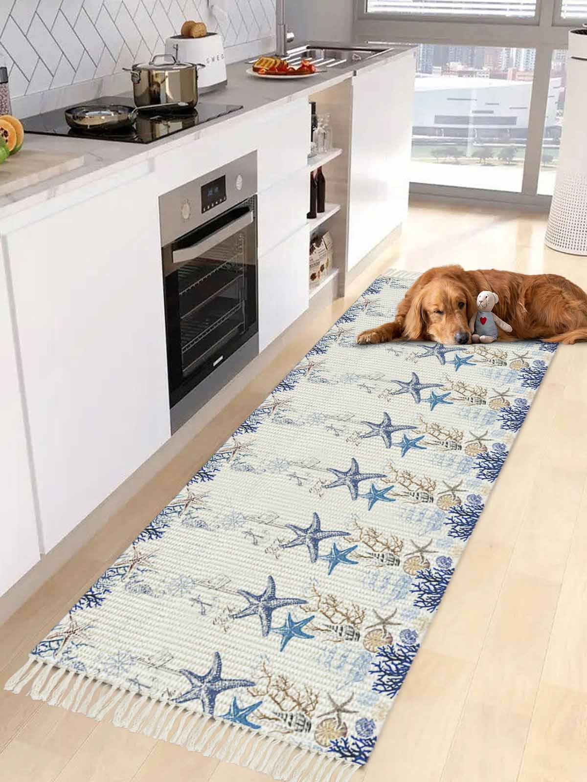 Coastal Starfish Entryway Runner Rug 2x4ft,Nautical Coral Ship Anchor Rudder Washable Woven ...