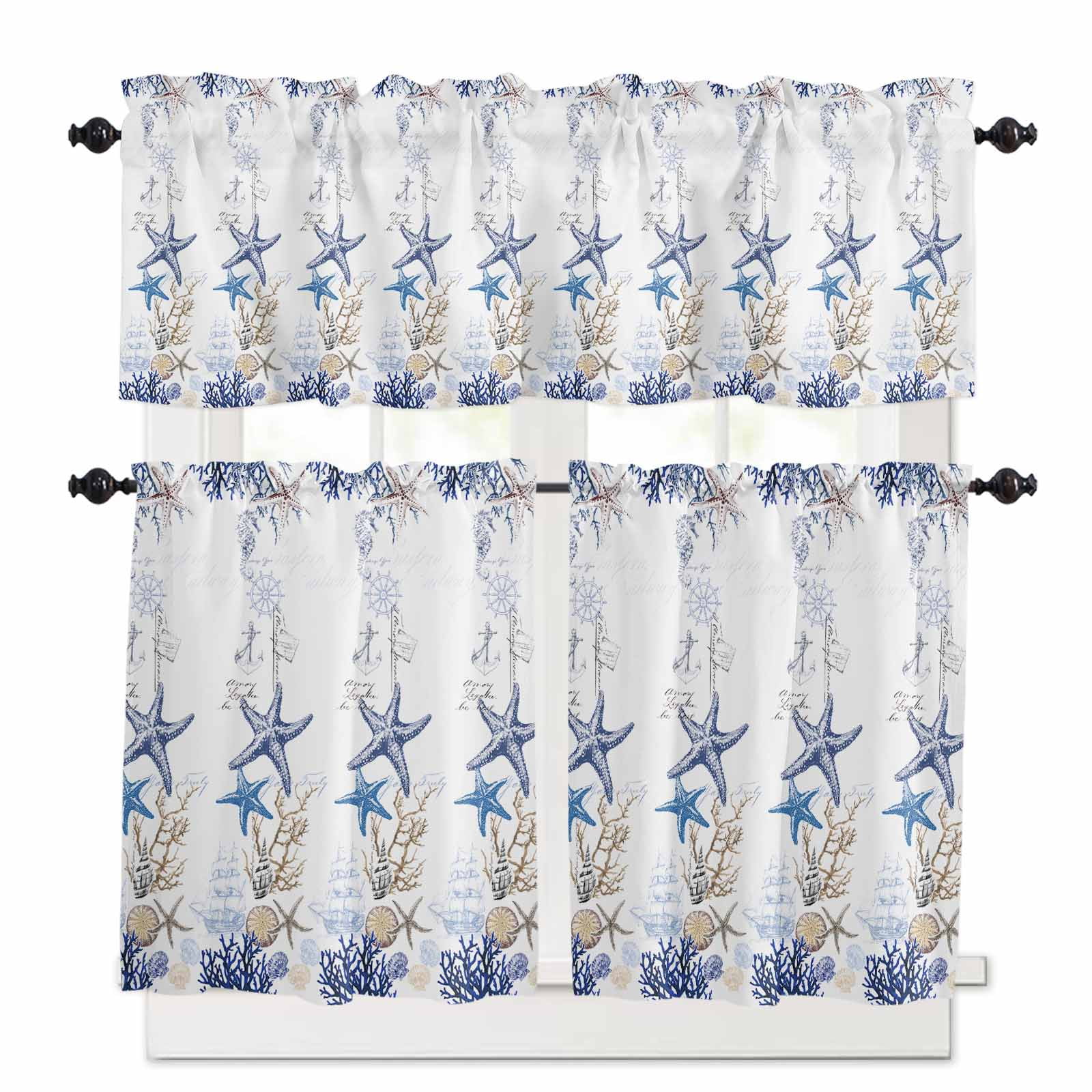 Coastal Starfish Kitchen Curtain Set, Nautical Coral Ship Anchor Rudder ...