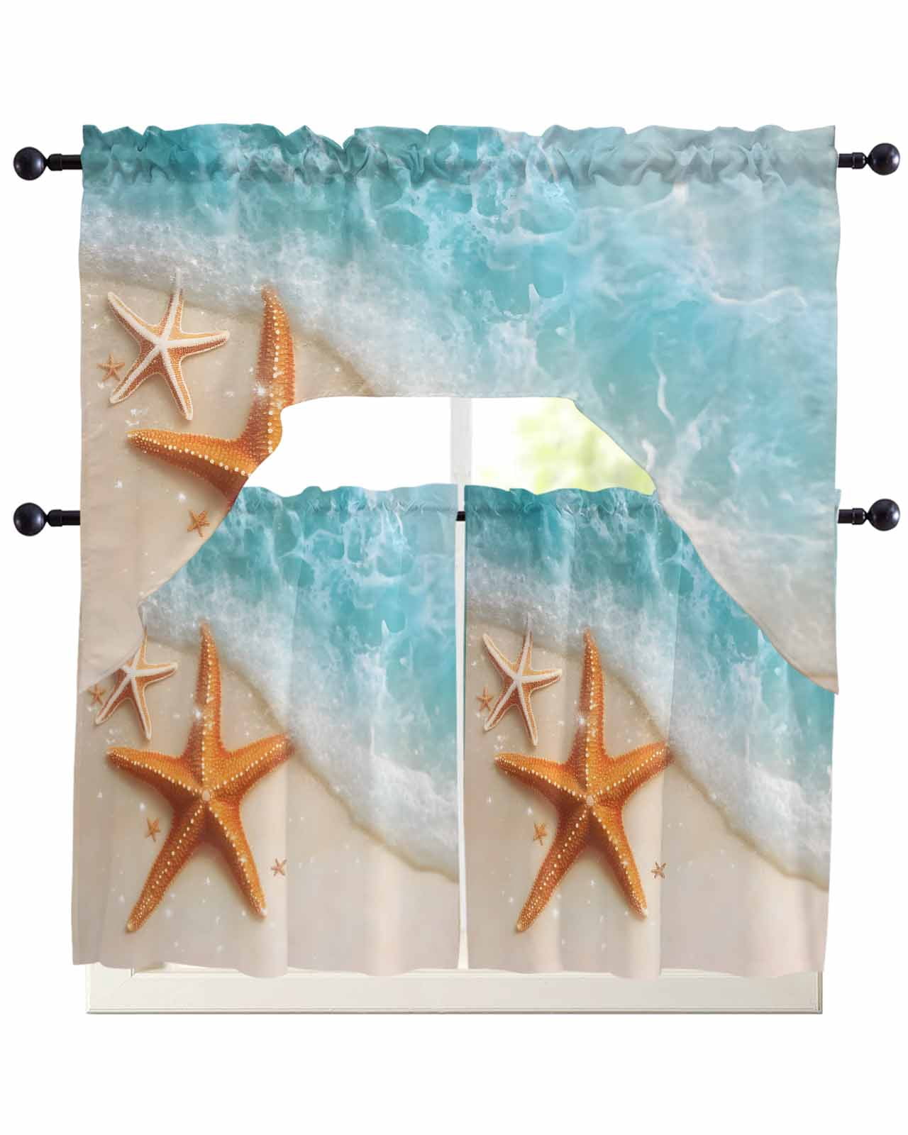 Coastal Starfish Kitchen Curtain and Valance Set 3 Pieces,Rod Pocket ...