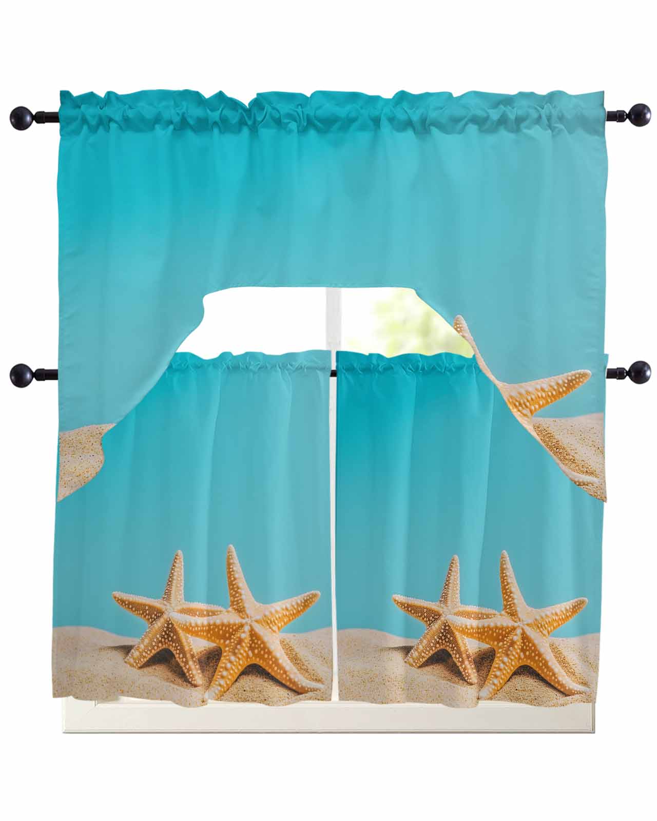 Coastal Starfish Kitchen Curtains Sets 24 Inch Length with Valance ...
