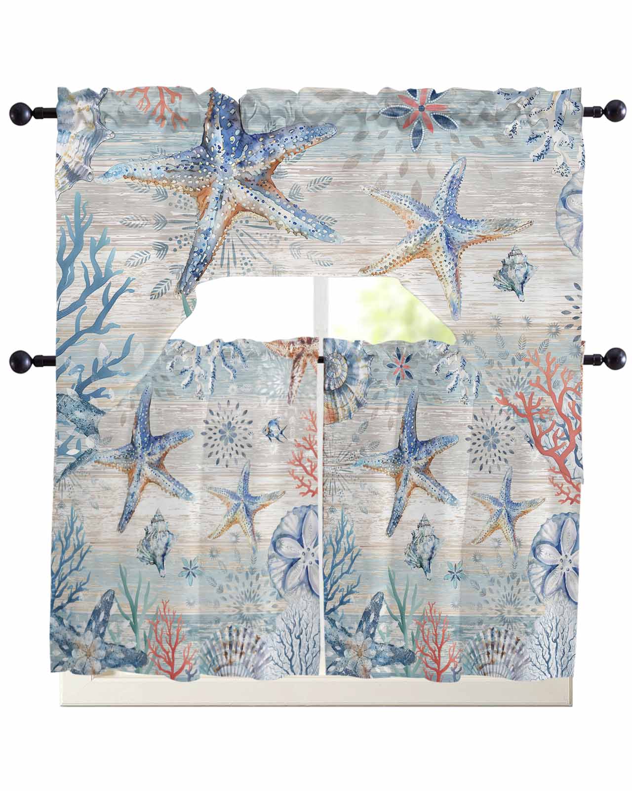 Coastal Starfish Kitchen Curtains Sets 36 Inch Length with Valance ...