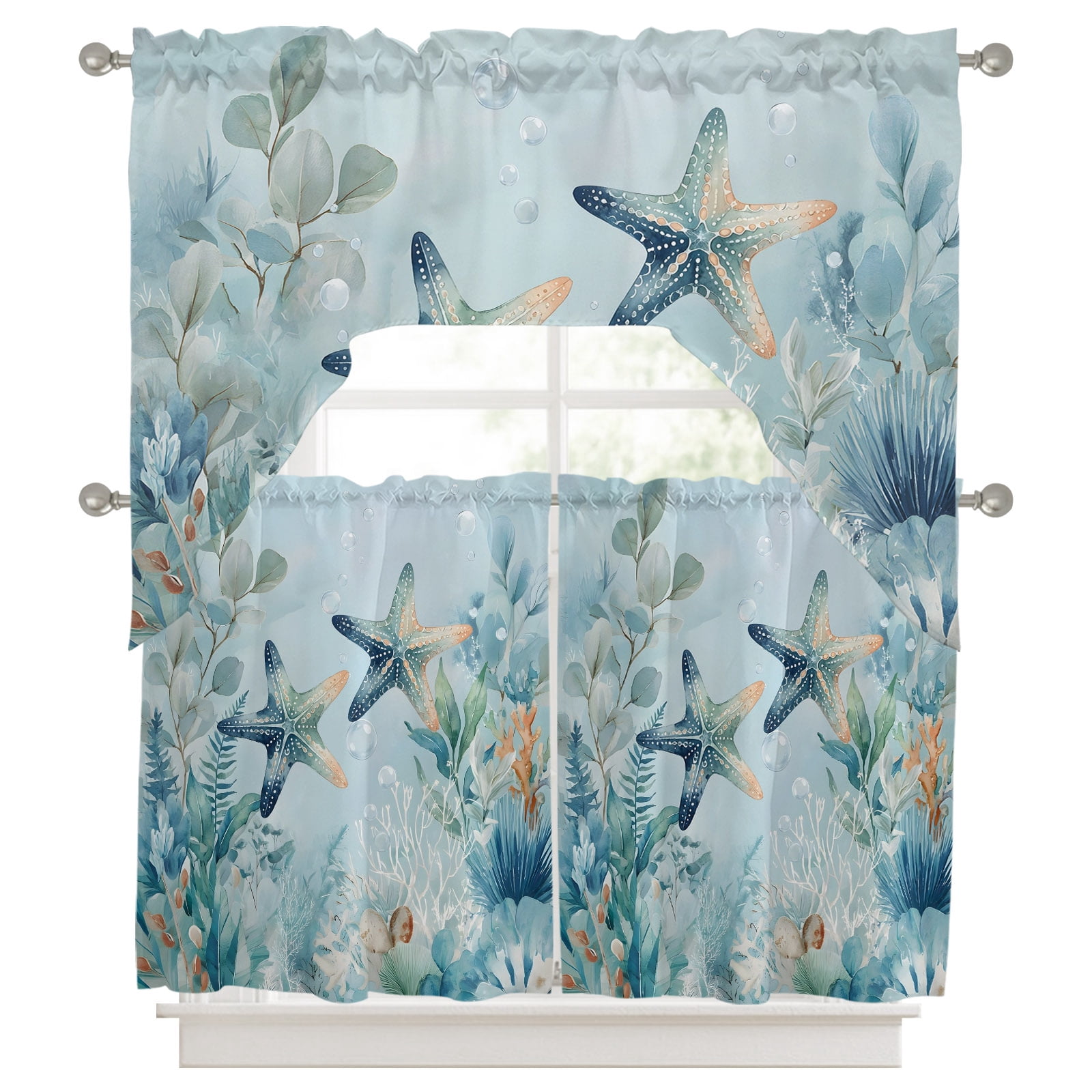 Coastal Starfish Kitchen Curtains Swag Valance and Tier Curtains Set 24 ...