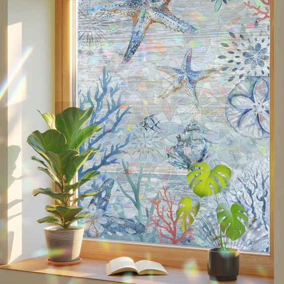 Coastal Starfish Privacy Window Film, Decorative Stained Glass Window ...