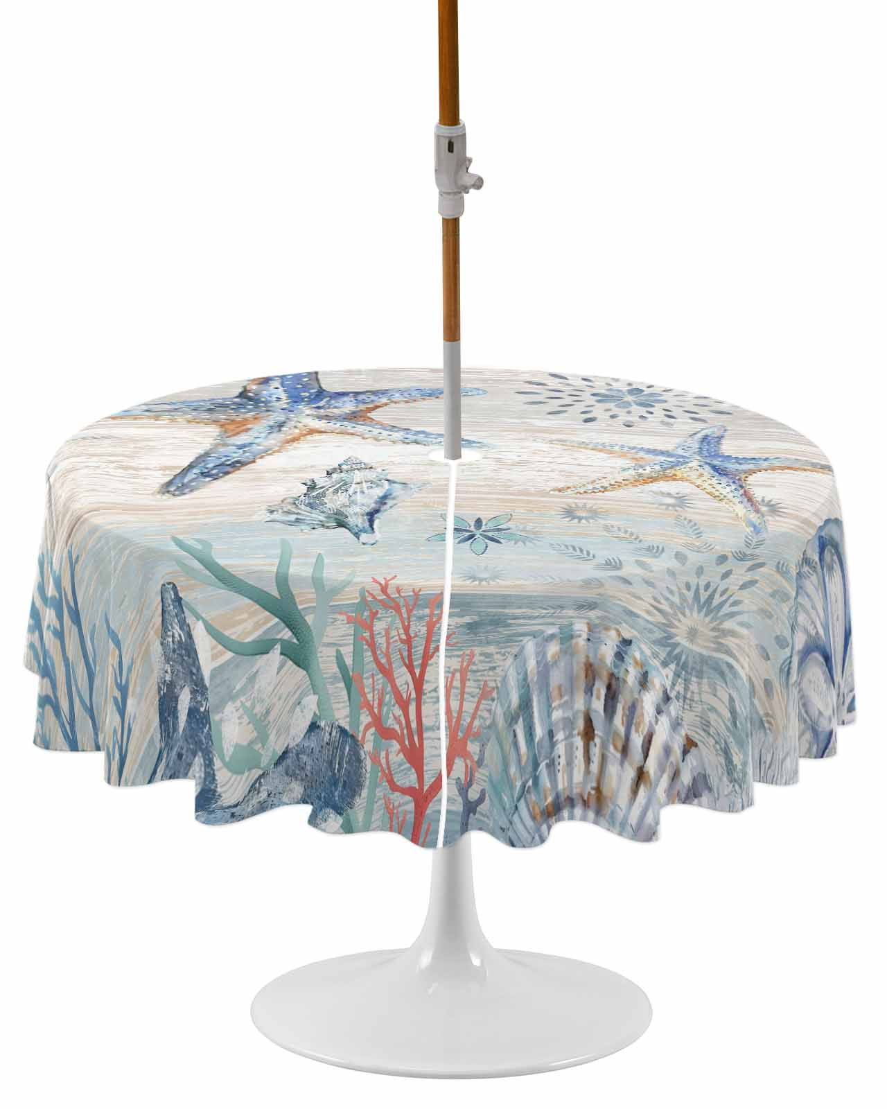 Coastal Starfish Round Outdoor Tablecloth, Waterproof Table Cloth Cover ...