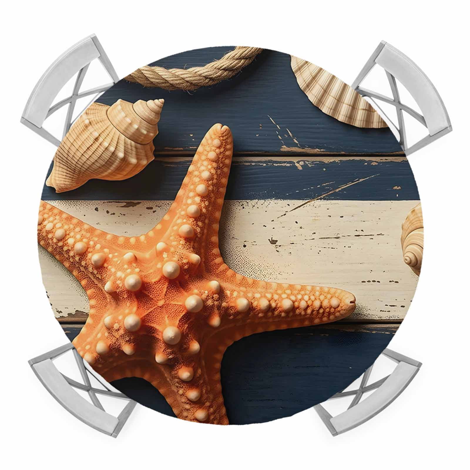 Coastal Starfish Round Table Cover, Nautical Life Orange Seashell Navy ...