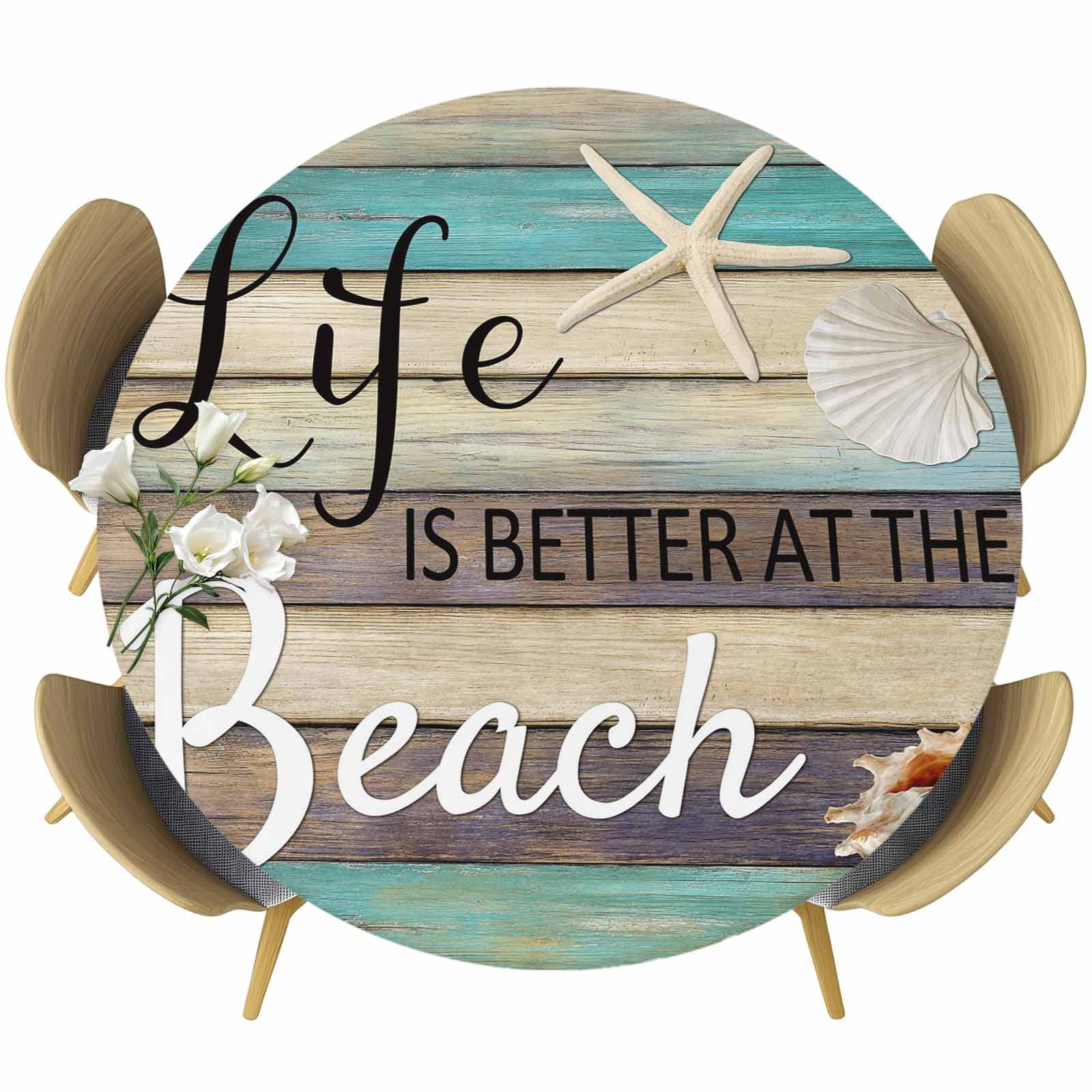 Coastal Starfish Round Tablecloth, Fitted Table Cover with Elastic for ...