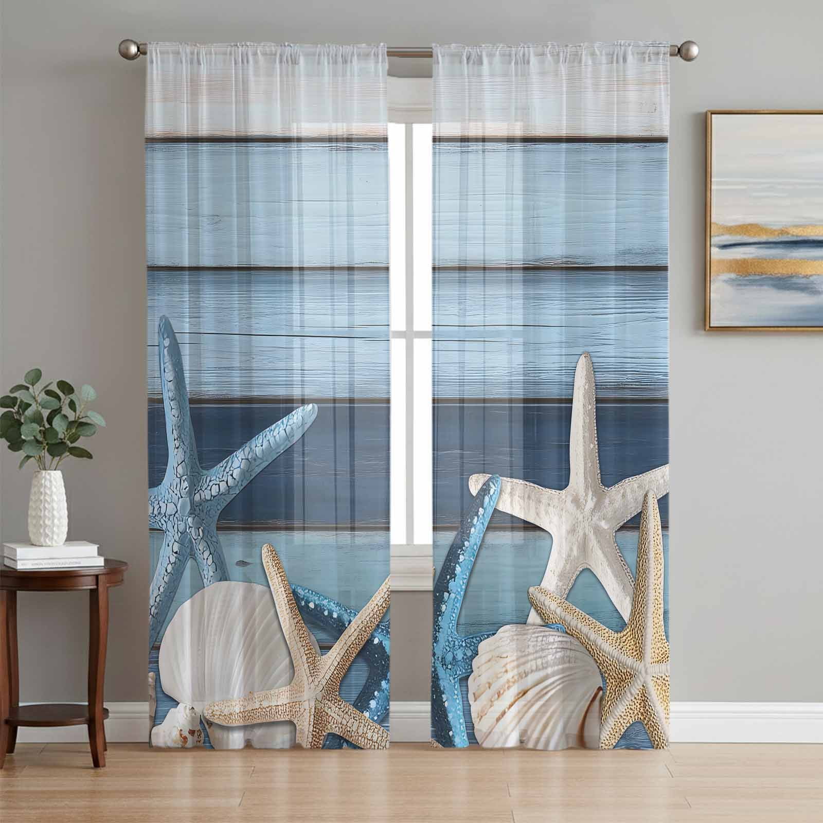 Coastal Starfish Semi Sheer Curtains 72 Inch Length 2 Panels Set, Blue ...