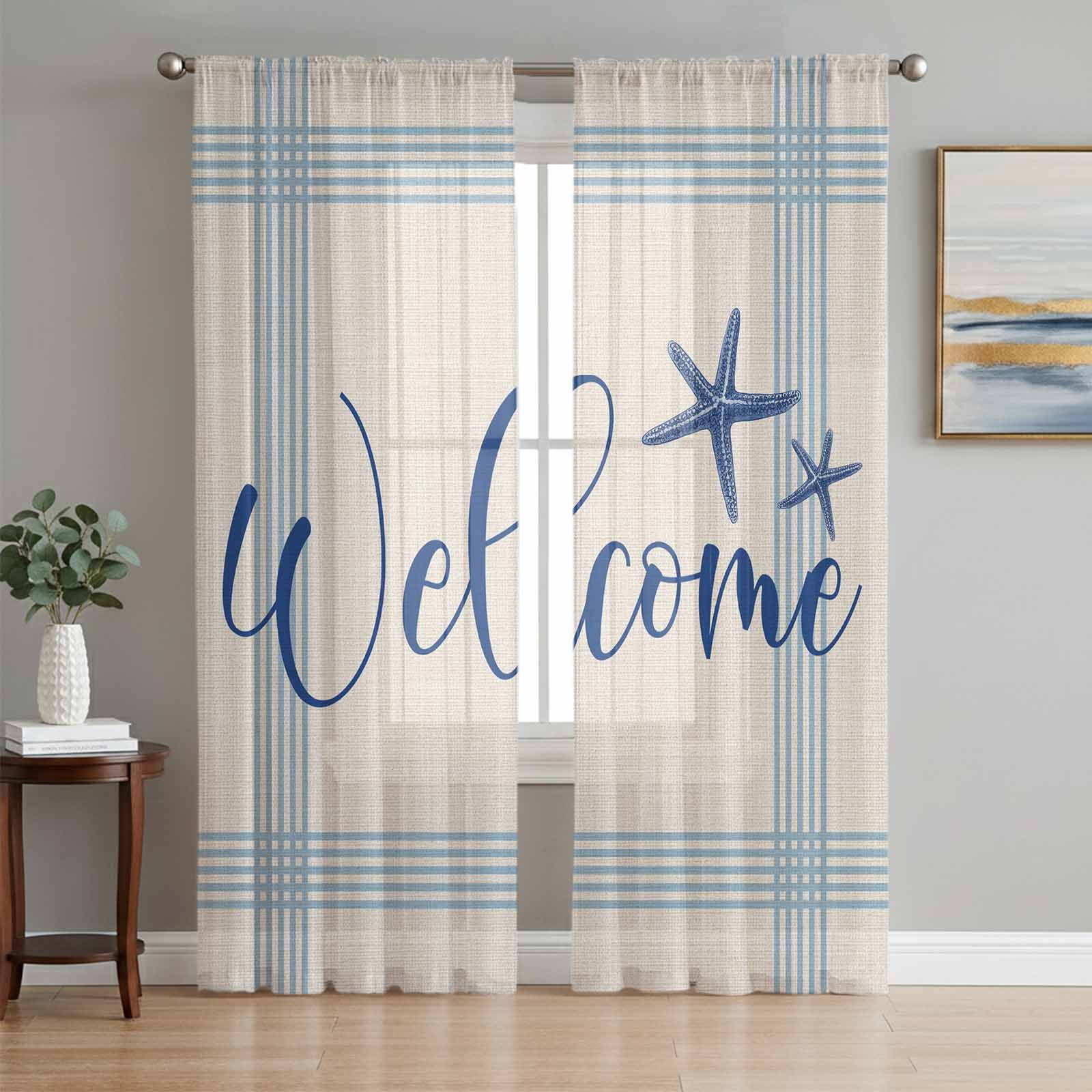 Coastal Starfish Sheer Curtains 72 Inch Length 2 Panels Set, Blue Beige ...