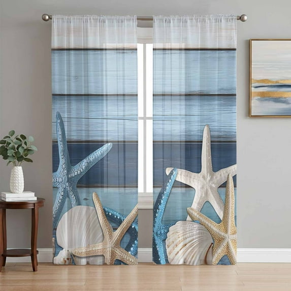 Coastal Starfish Sheer Curtains 72 Inch Length 2 Panels Set, Blue ...
