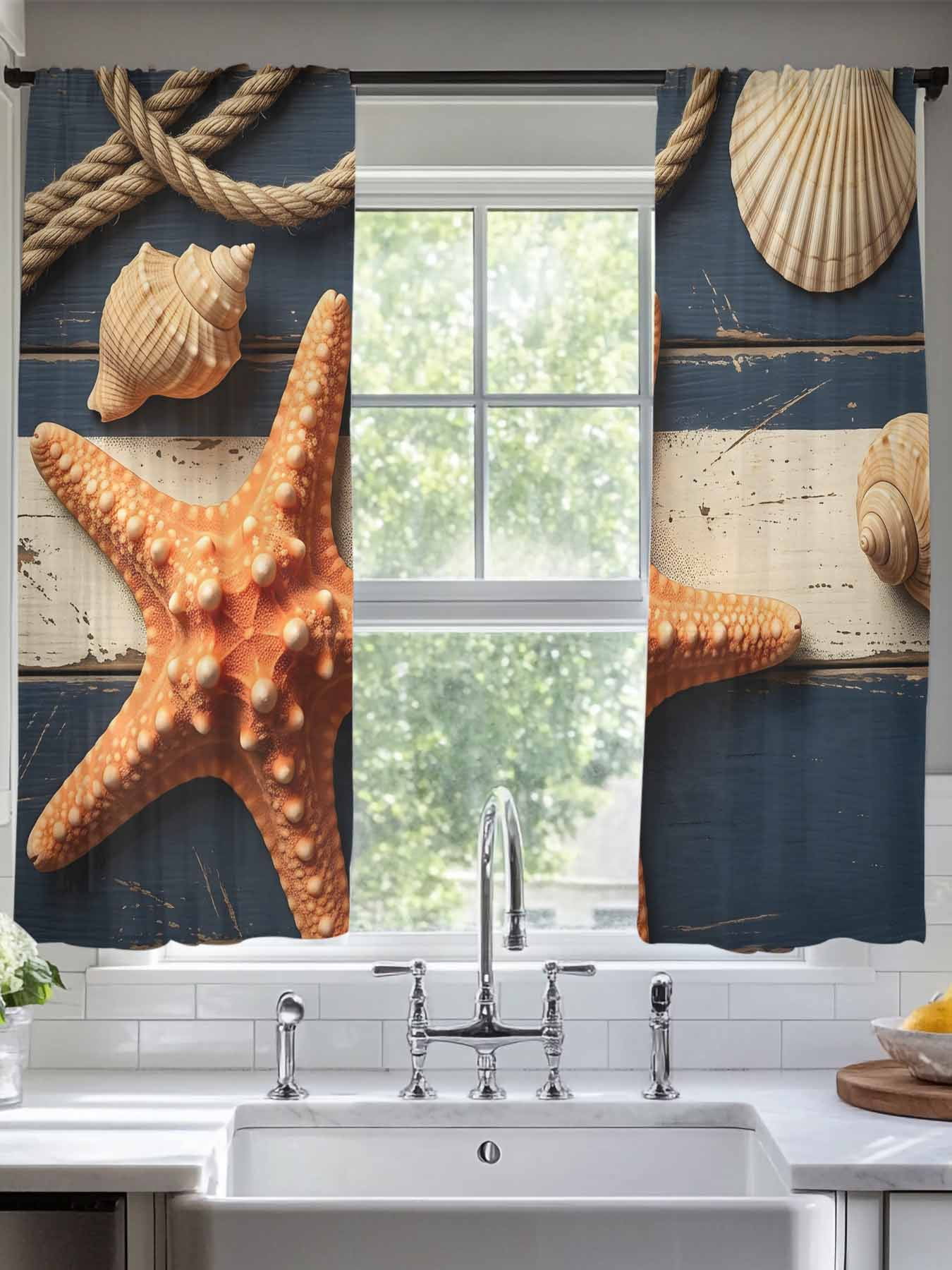 Coastal Starfish Sheer Curtains 72 inches Long, Nautical Life Orange ...