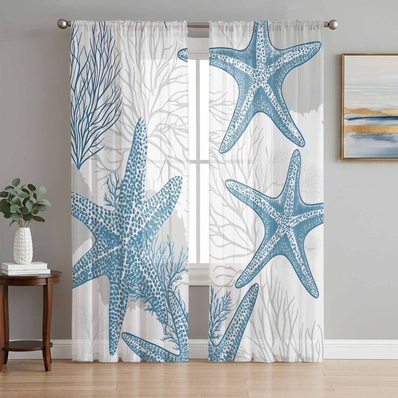 Coastal Starfish Sheer Curtains 84 Inch Length 2 Panels Set, 0cean ...
