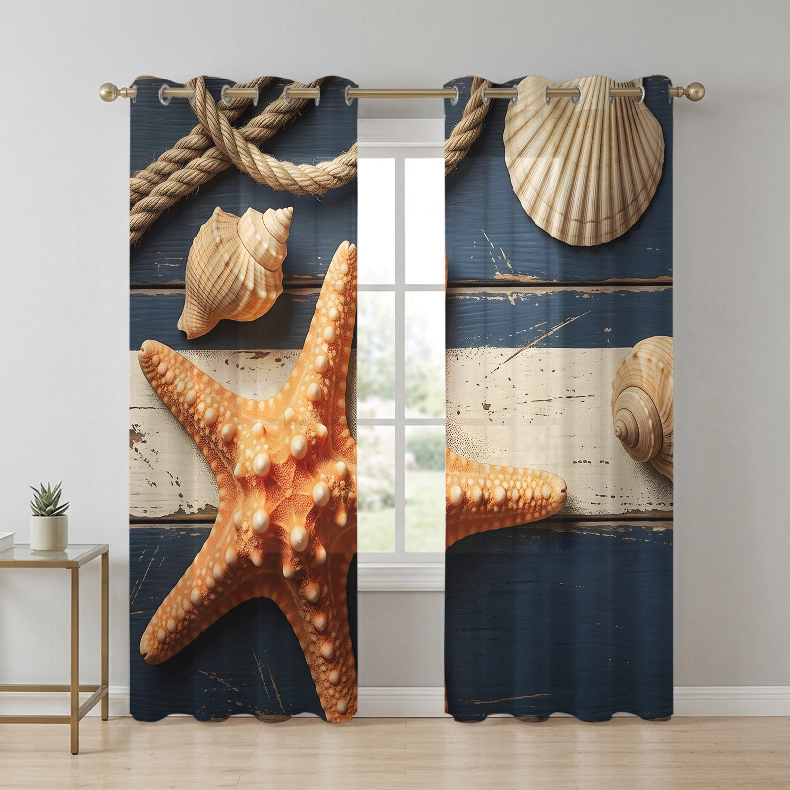 Coastal Starfish Sheer Curtains 96 Inch Long 2 Panels, Nautical Life ...