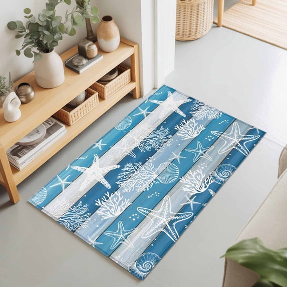 Coastal Starfish Shell Coral Rectangle Rug 2'x3' Country Blue Wooden ...